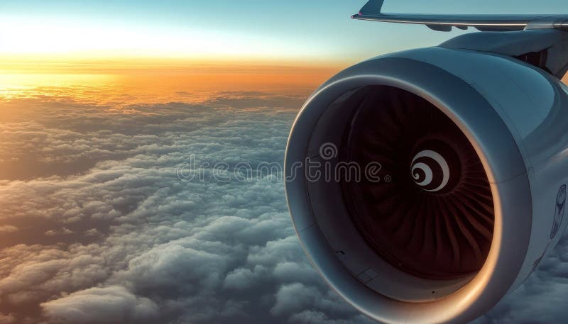 Jet Engine Against Golden Sunset, Majestic Cloudscape, and Wing of a ...