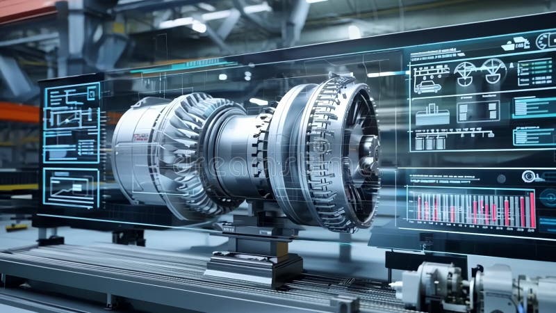 Jet Engine Being Analyzed by Engineering Software in a Factory Stock ...