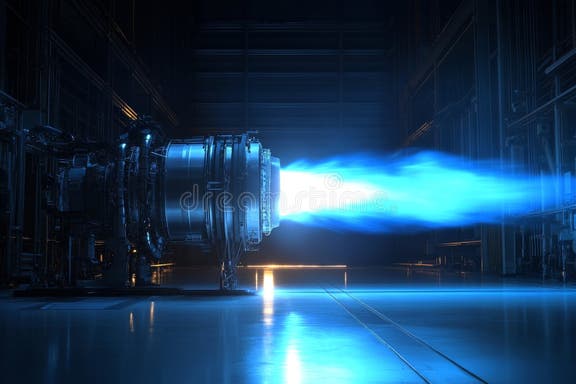 Jet Engine with Blue Flame in Industrial Setting during Nighttime ...