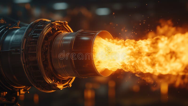 Jet Engine Emitting Fiery Exhaust in a Dark Industrial Setting Stock ...