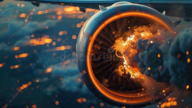 Jet Engine Fire Mid-flight with Intense Flames and Smoke Stock ...