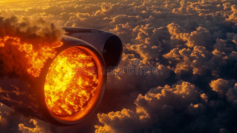 A Jet Engine on Fire in the Sky Above the Clouds Stock Illustration ...