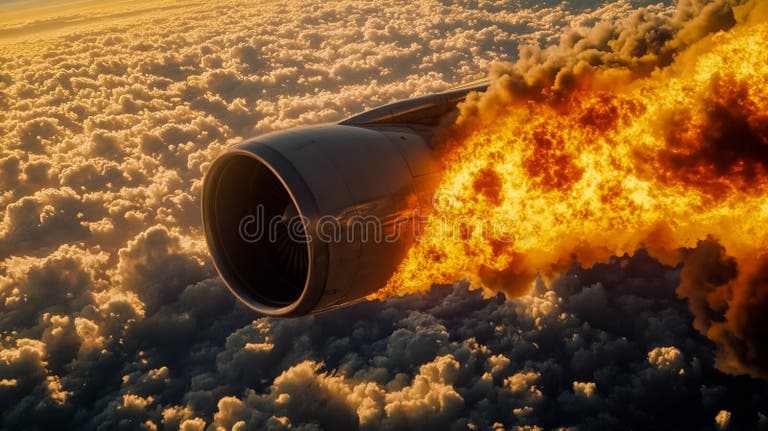 A Jet Engine on Fire in the Sky Above the Clouds Stock Illustration ...