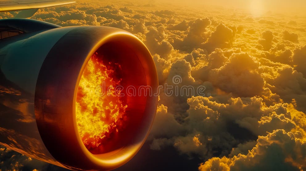 A Jet Engine on Fire in the Sky Above the Clouds Stock Illustration ...