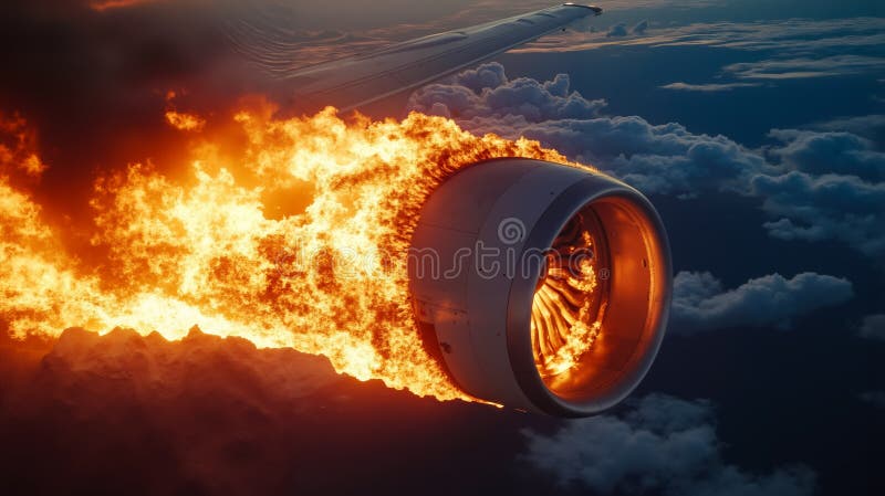 A Jet Engine on Fire in the Sky Above the Clouds Stock Photo - Image of ...