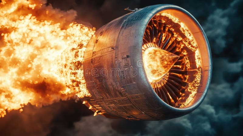 Jet Engine with Flames and Smoke in a Dramatic Atmospheric Background ...