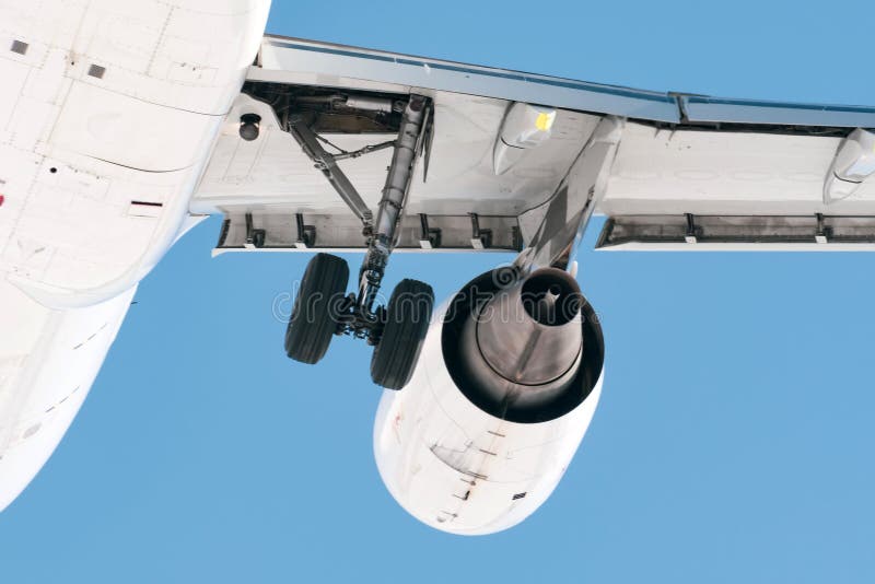 Jet Engine and Landing Gear Flying in the Air, Back View Stock Image ...