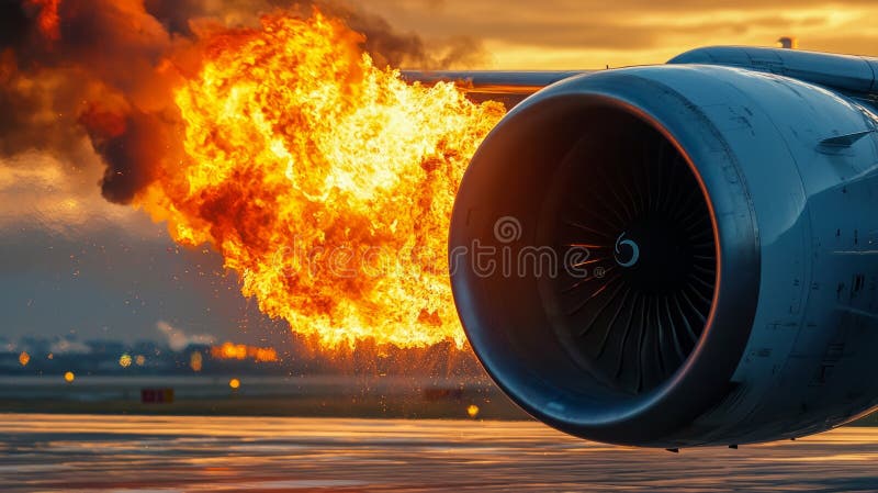 Jet Engine of Modern Aircraft in Fire. Stock Image - Image of runway ...