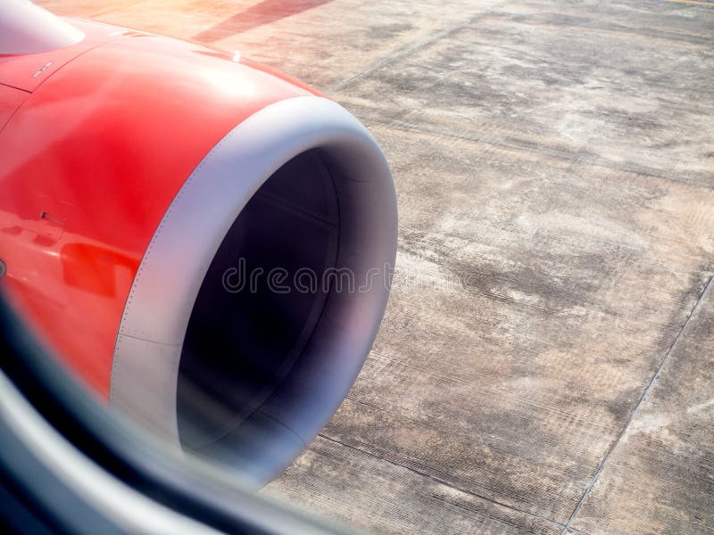 Jet Engine of Red Airplane from Window of Passenger View Stock Image ...