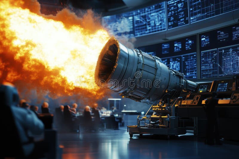 Jet Engine Test in Advanced Control Room with Engineers Observing Live ...