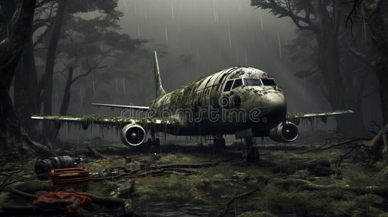 Zombiecore: Detailed Illustration of a Dingy Jet Plane in a Rain-filled ...