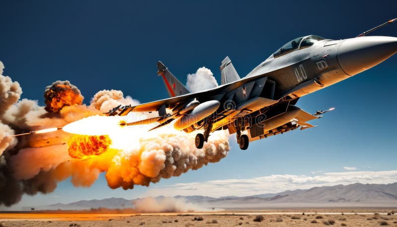 Jet Fighter Ejecting Flares Over Desert Stock Image - Image of combat ...
