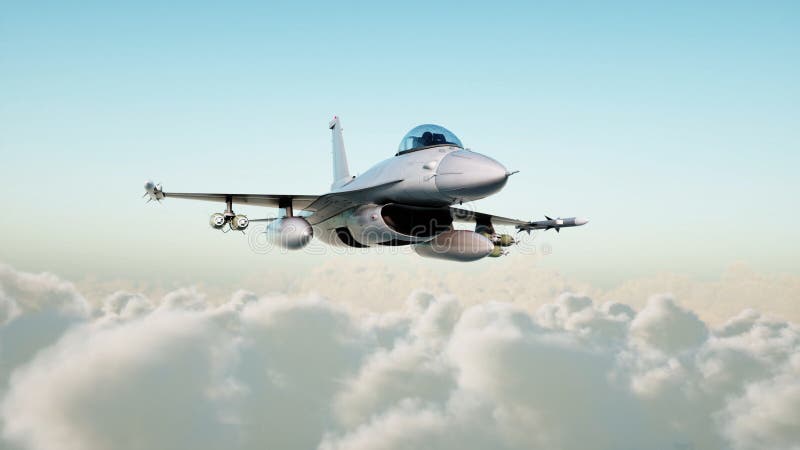 Jet, Fighter Flying Over Clouds . War and Weapon Concept. 3d Rendering ...