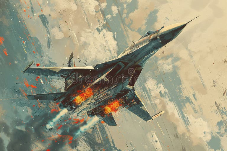 Jet Fighter Illustration Maneuvers through Explosive Sky Stock ...