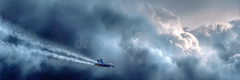 Jet Fighter Racing through Dense Clouds, Leaving Vapor Trails in a ...