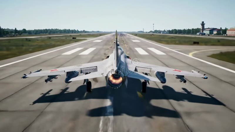 Jet Fighter Rapid Takeoff on Runway with Powerful Engine Thrust and ...