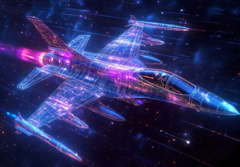 Jet Fighter Rendered in Wireframe Flies through a Sky Reminiscent of ...