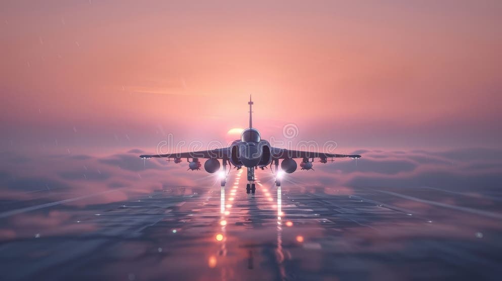 Jet Fighter at Sunrise on Runway Stock Illustration - Illustration of ...