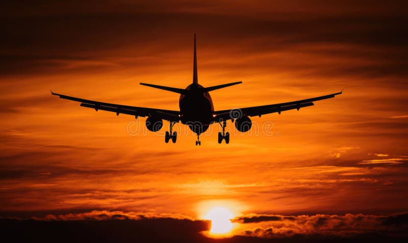 A Jet Plane is Flying through a Beautiful Sunset Stock Illustration ...