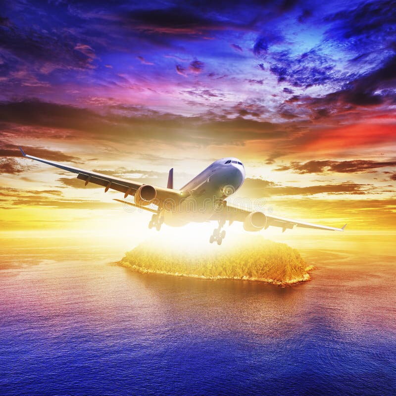 Jet Plane Over Tropical Island Stock Photo - Image of airplane ...
