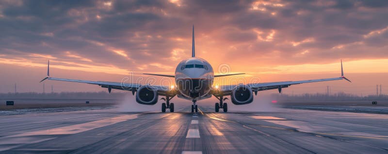 Jet Plane Ready for Takeoff with a Dramatic Sunset Backdrop. Stock ...