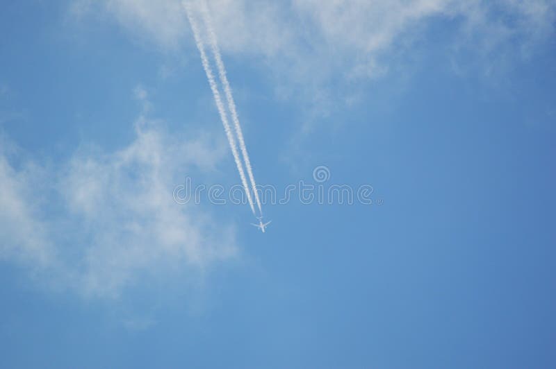 Jet plane in the sky stock image. Image of contrail, blue - 40764619