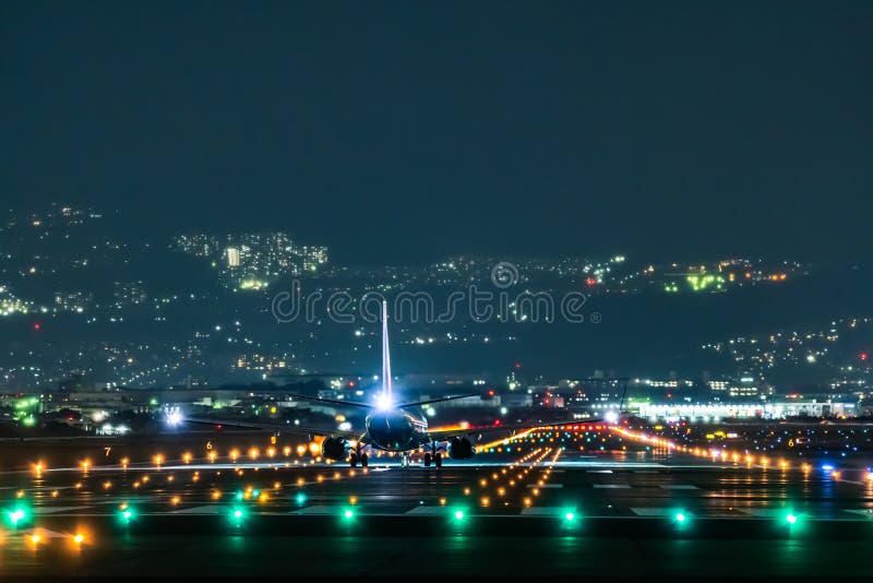 Jet Plane Taking Off Scene in the Night Stock Photo - Image of airport ...