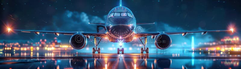 A Jet Plane on a Wet Runway at Night, with Vibrant Lights and ...