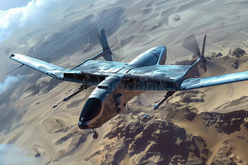 Jet-powered Drone Flying Low Over Desert Terrain Stock Image - Image of ...