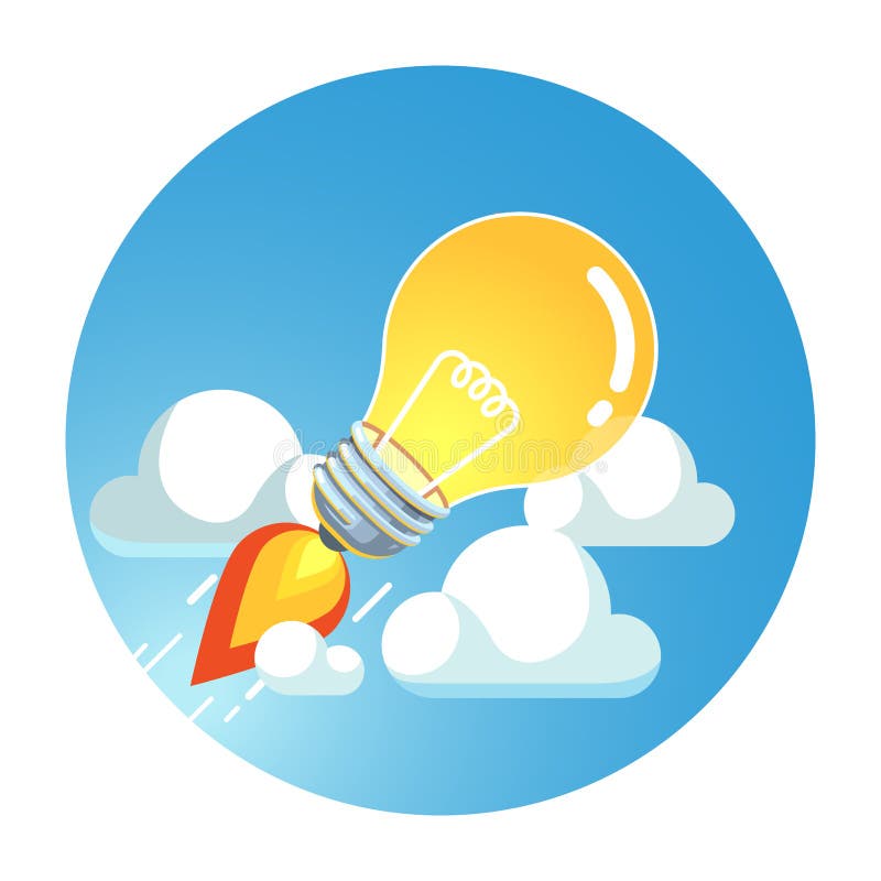 Jet Rocket Lightbulb Flying into Sky Above Clouds Stock Vector ...