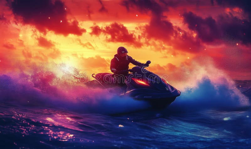 Jet Ski Rider Navigating Vibrant Sunset Waves with Dramatic Clouds and ...