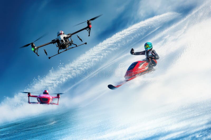Dramatic Action of Jet Ski Rider Performing Stunts with Drones ...