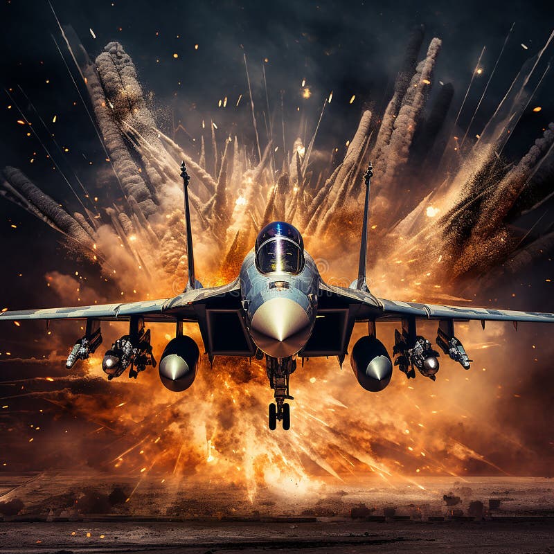 A Jet Taking Off with an Explosion Behind it at Night. Stock ...