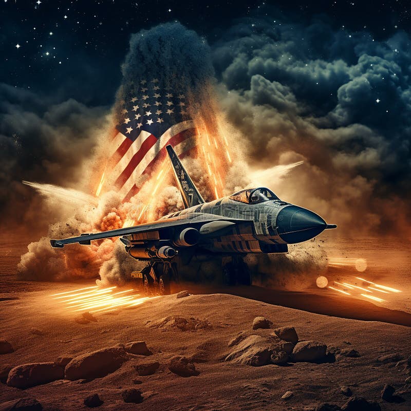 Jet Taking Off with an Explosion Behind it at Night. Stock Illustration ...