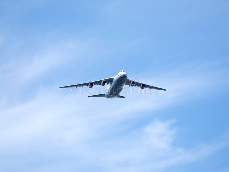 Jet Transport Aircraft Flying High in Blue Sky Stock Image - Image of ...