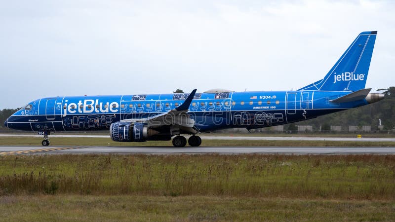 JetBlue Embraer 190 Airplane with Blueprint Livery on Runway Editorial ...