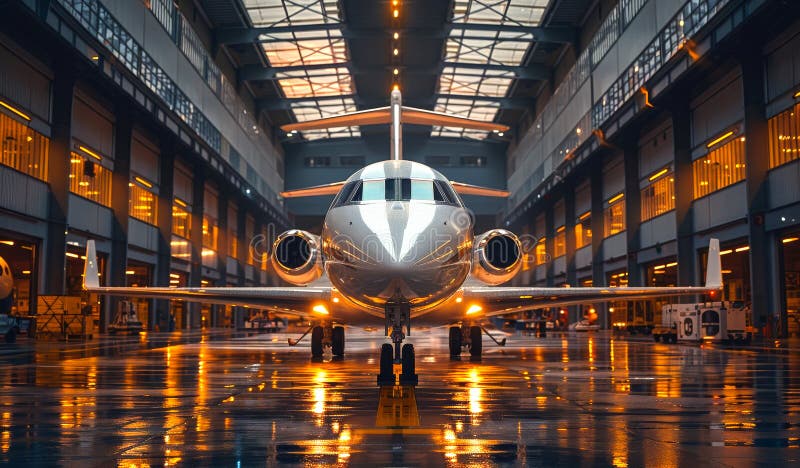 A Jetliner is Parked in a Hangar with Lights on. the Plane is White and ...