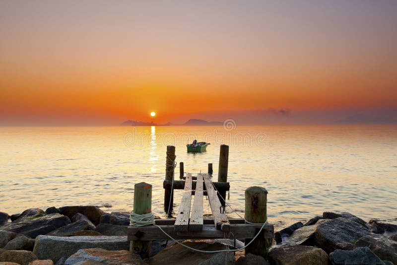 Jetty Sunset Along Coast with Waves Movement Stock Image - Image of ...
