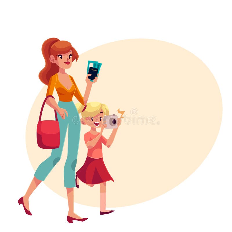 Jeune Femme Partant En Vacances Avec Son Fils Tenant Des Billets