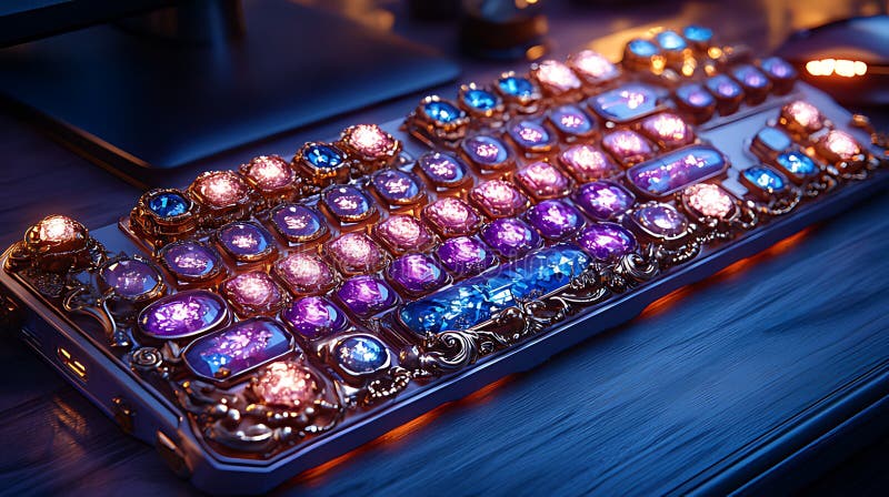 Jewel-encrusted Keyboard Glows, Desk Setup, Night Stock Illustration ...