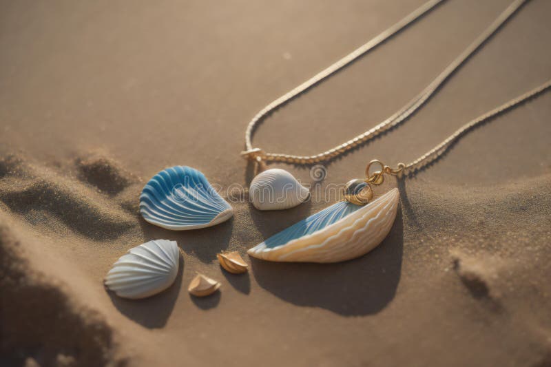 Jewelry on the Beach with Sea Shells in the Sand. Generative Ai Stock ...