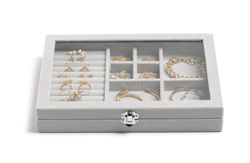 Jewelry Box with Many Different Golden Accessories Isolated on White ...