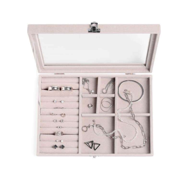 Jewelry Box with Many Different Silver Accessories Isolated on White ...