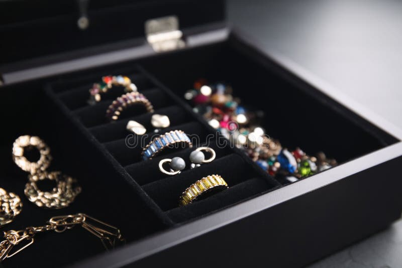 Jewelry Box with Stylish Bijouterie on Table, Closeup Stock Image ...