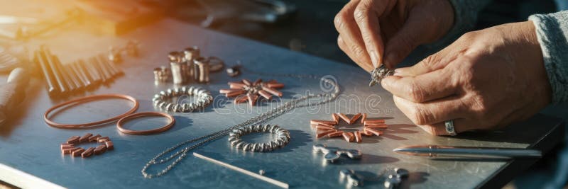 Jewelry Crafting Process with Handmade Metal Pieces and Tools on a ...