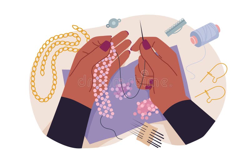 Jewelry Making Workshop, Top View of Hands Holding Needle To Put Beads ...