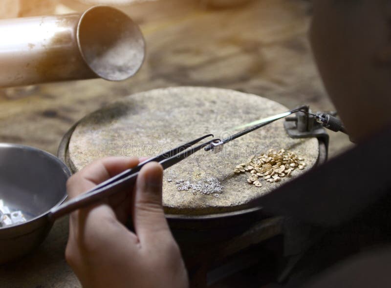 Goldsmith Working Setting Gold Ring with Diamonds a Unfinished Stock ...