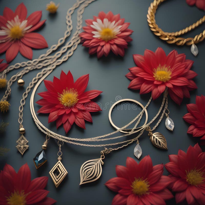 Jewelry and Red Flowers on a Dark Background. Generative Ai Stock ...