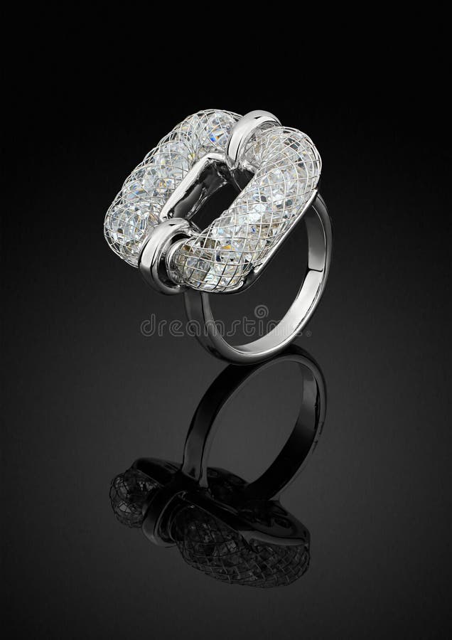 Jewelry Ring Square Shape with Diamonds Isolated on Black, Clipping ...