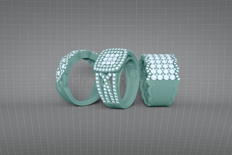 Jewelry Rings with Diamonds 3D Rendering in Wireframe Mesh Grid Stock ...